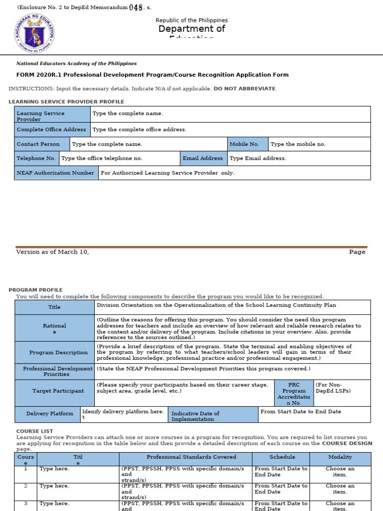 FORM 2020R.1 Professional Development ProgramCourse Recognition ...