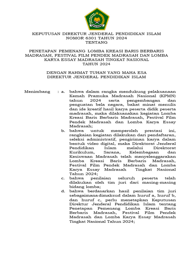 SK Dirjen Pendis Penetapan Pemenang 3 Lomba KPMN 2024 | PDF