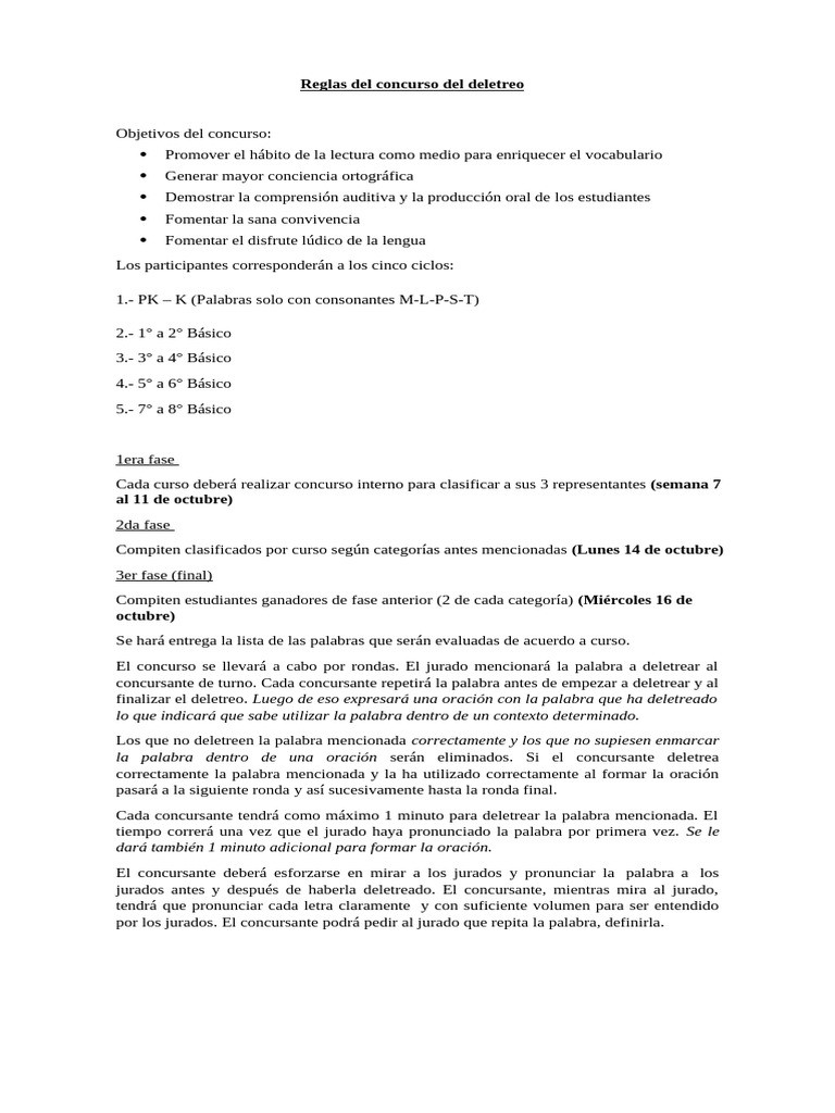Reglas del Concurso de Deletreo Escolar | PDF | Colación | Escritura