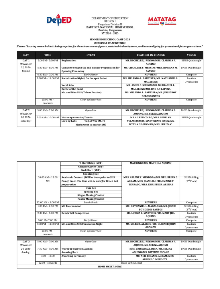 SHS Camp Schedule of Events | PDF