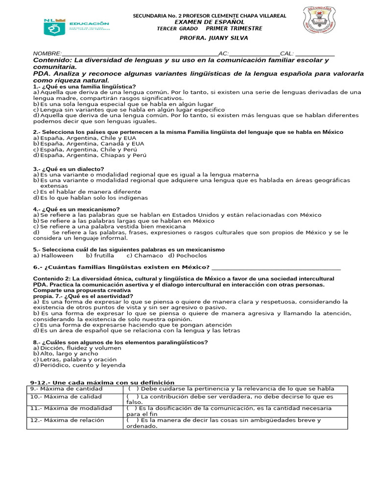 Examen de Español 3er Grado | PDF | Lengua española | México
