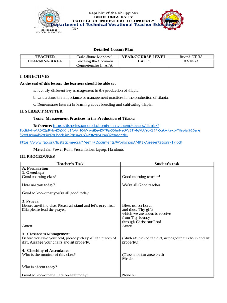 A Detailed Lesson Plan in Health Grade 1 | PDF | Aquaculture | Spawn ...