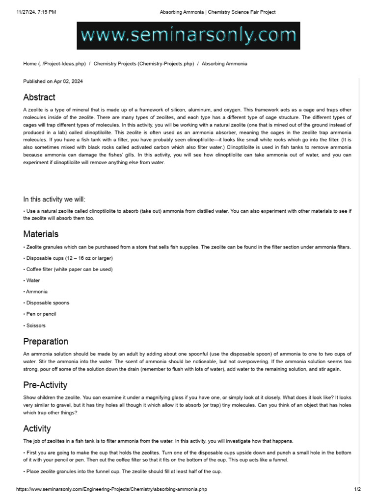 Absorbing Ammonia - Chemistry Science Fair Project | PDF | Zeolite ...