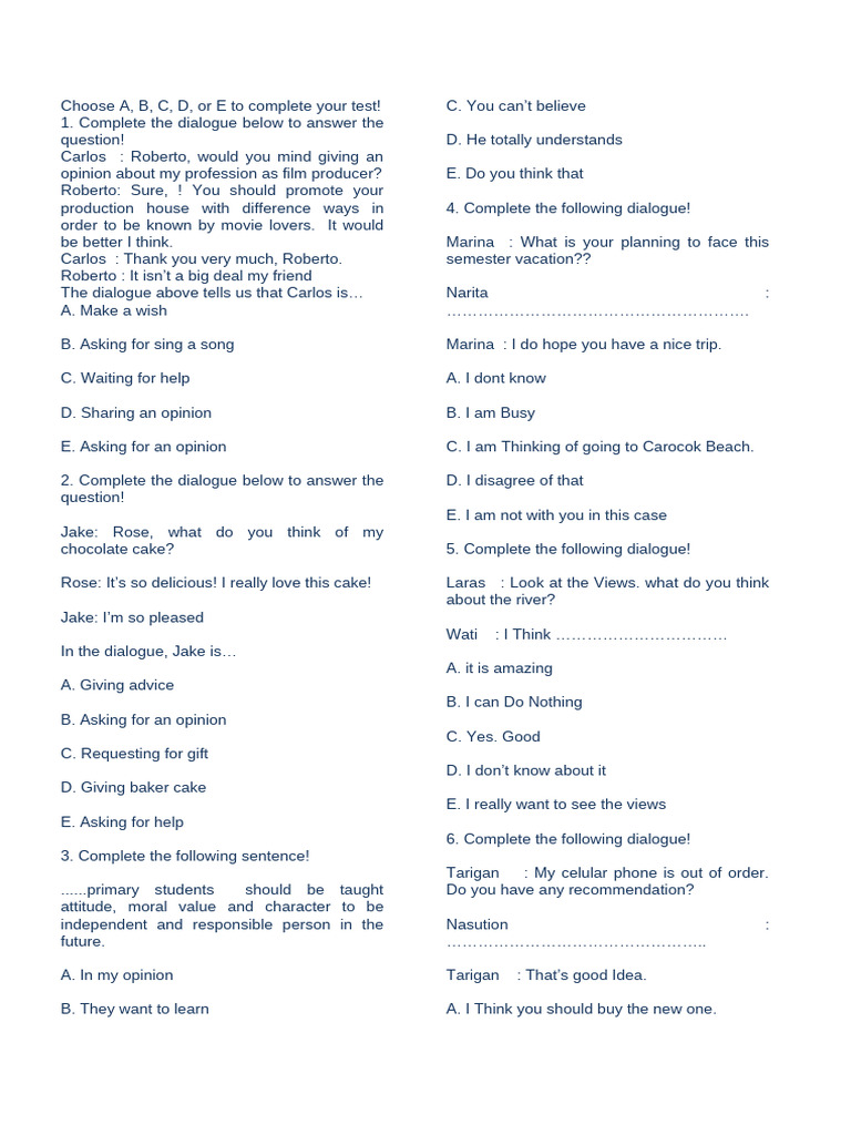 Opinion-Based Dialogue Completion Test | PDF