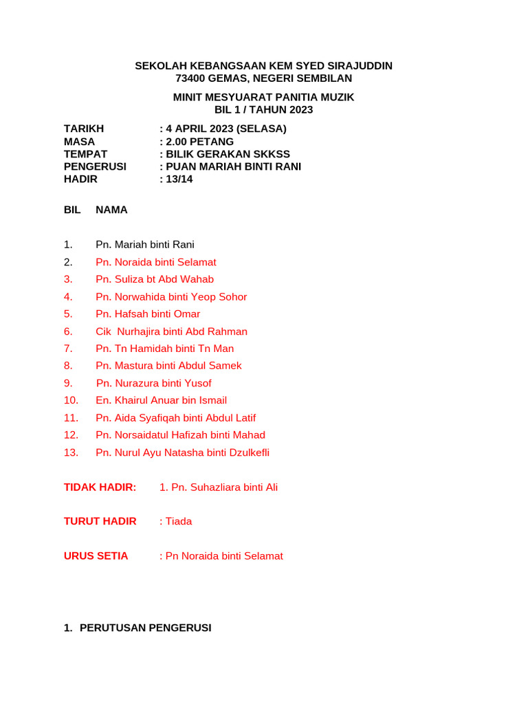 Minit Mesyuarat Panitia Muzik Bilangan 1 2023 | PDF