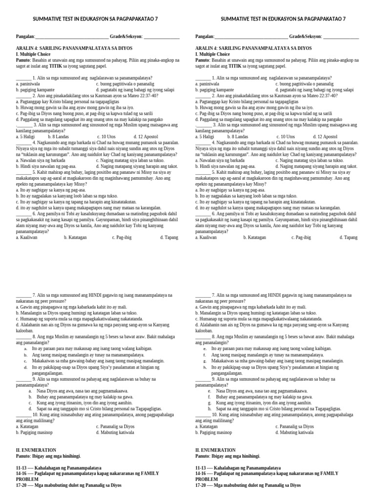 Pagpapahalaga at Birtud Summative Test | PDF