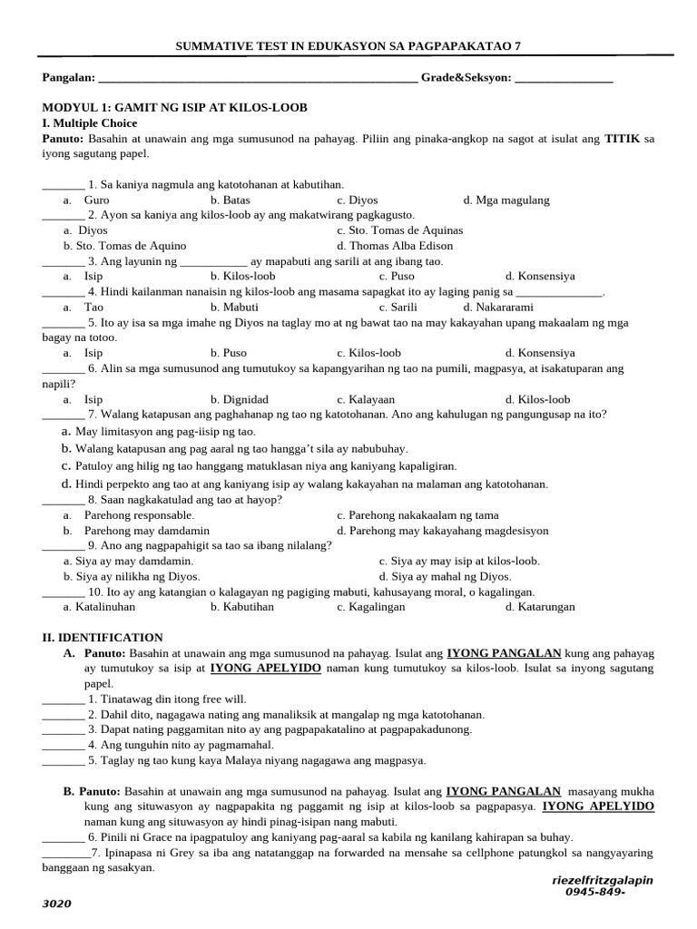 WEEK I - ISIP AT KILOS-LOOB Summative Test | PDF