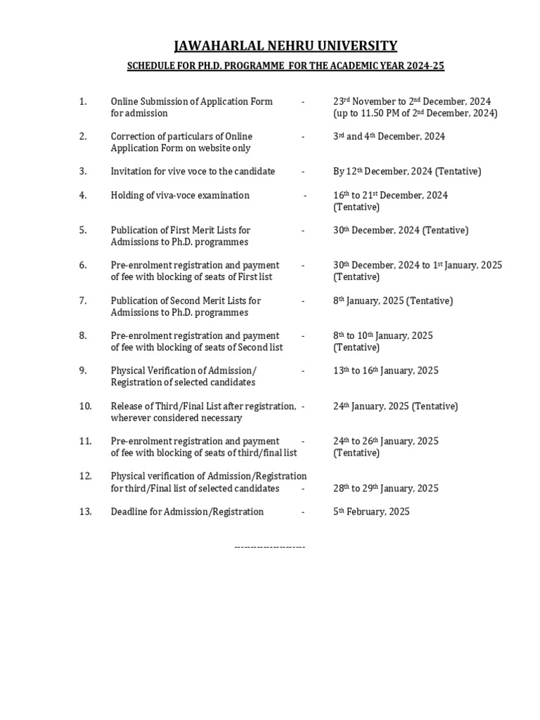 JNU PhD Admission Schedule 2024-25 | PDF