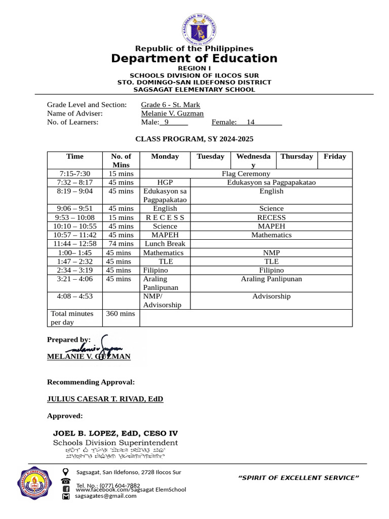 Class Program Grade 6 | PDF