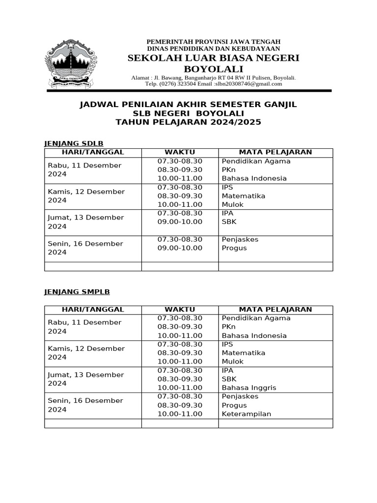 Jadwal Penilaian Akhir Semester Ganjil 2024-2025 | PDF