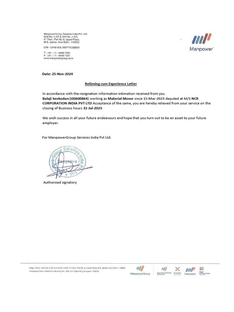 Relieving Letter - Balaji | PDF