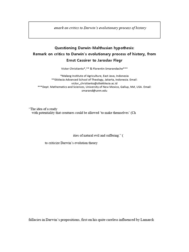 Questioning Darwin-Malthusian Hypothesis: Remark On Critics To Darwin's ...