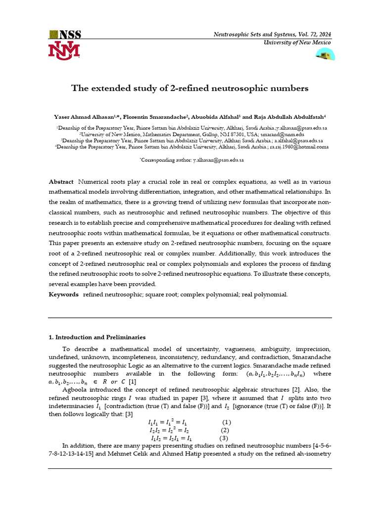 The Extended Study of 2-Refined Neutrosophic Numbers | PDF | Factorization | Equations