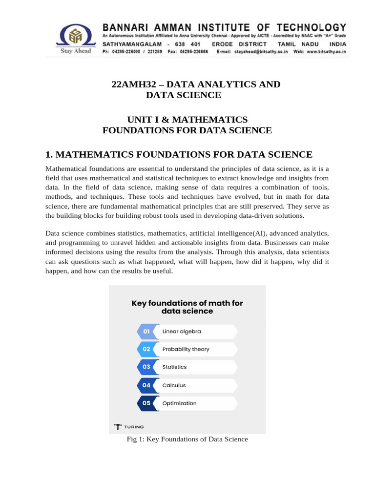 22amh32 - Data Analytics and Data Science Unit I & Mathematics Foundations For Data Science 1 ...