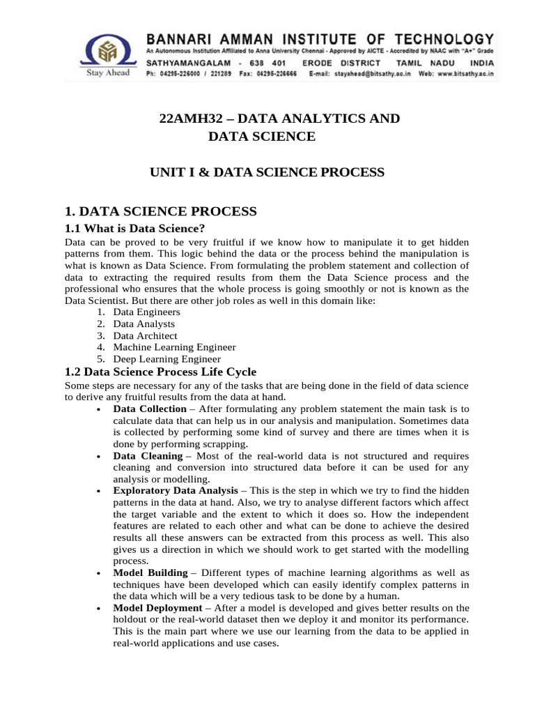22amh32 - Data Analytics and Data Science Unit I & Data Science Process 1. Data Science Process ...
