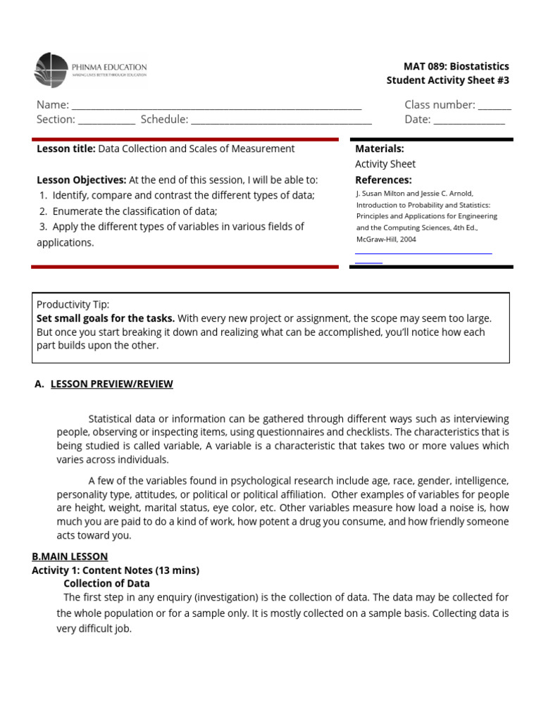 Sas 03 Mat089 Biostat Data Collection And Scales Of Measurement Pdf Level Of