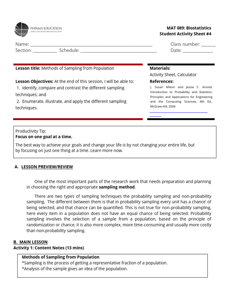 SAS 04 - MAT089 (Biostat) - Methods of Sampling From Population | PDF | Sampling (Statistics ...
