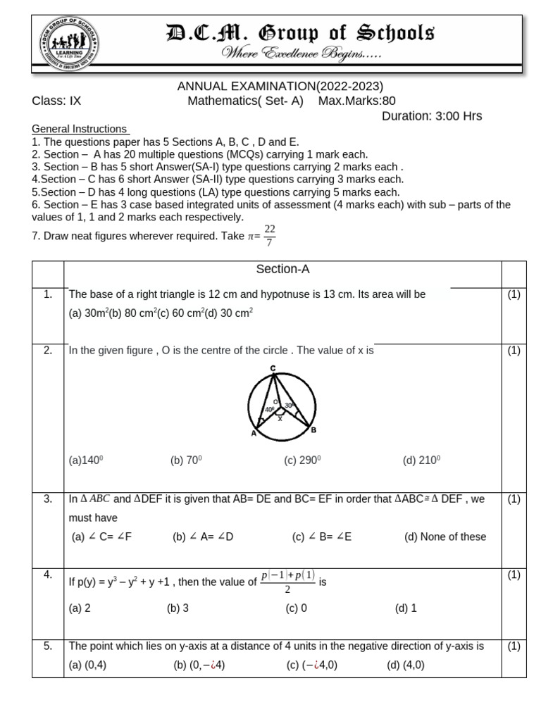 Ix Maths (Set-A) Marking Scheme | PDF | Cost Of Living | Area