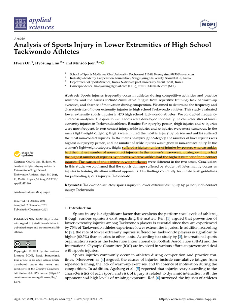 Analysis of Sports Injury in Lower Extremities of High School Taekwondo ...
