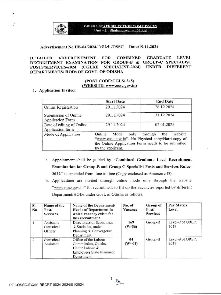 Notification OSSC CGL Exam 2024 | PDF