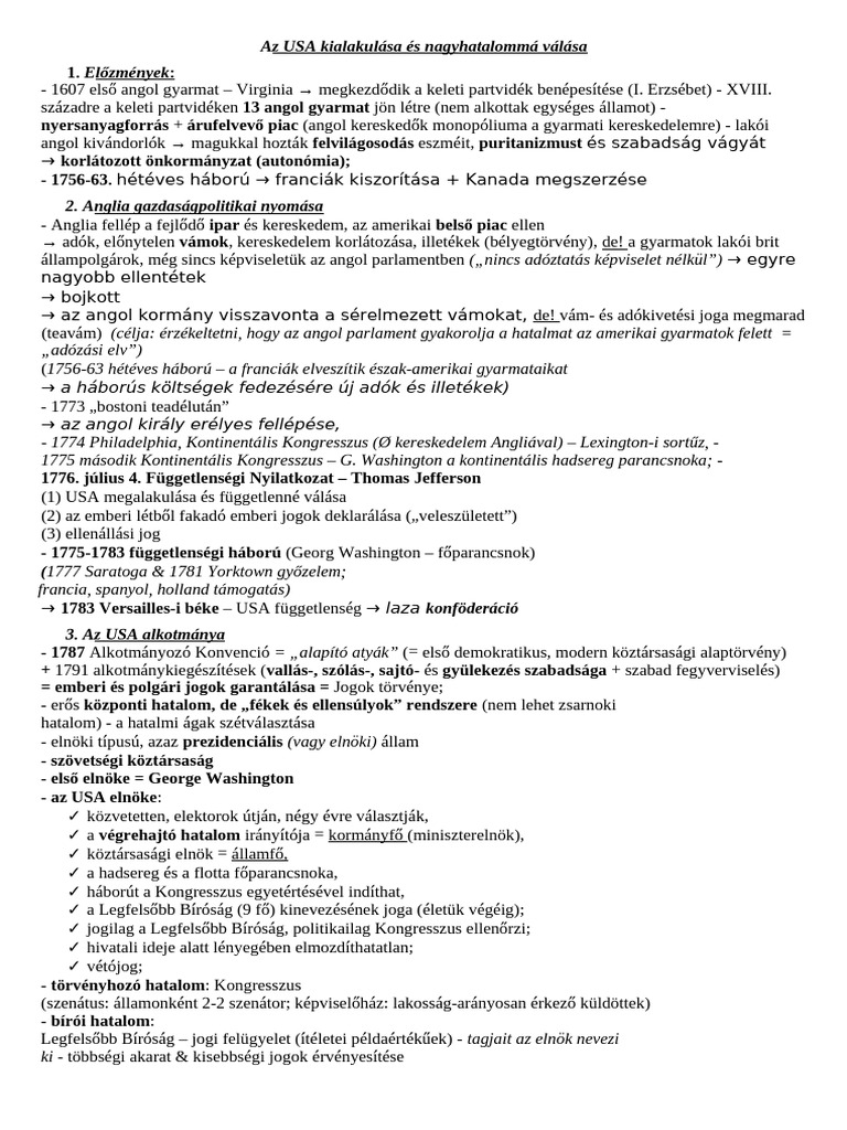 Az USA Kialakulása És Nagyhatalommá Válása (2022) | PDF