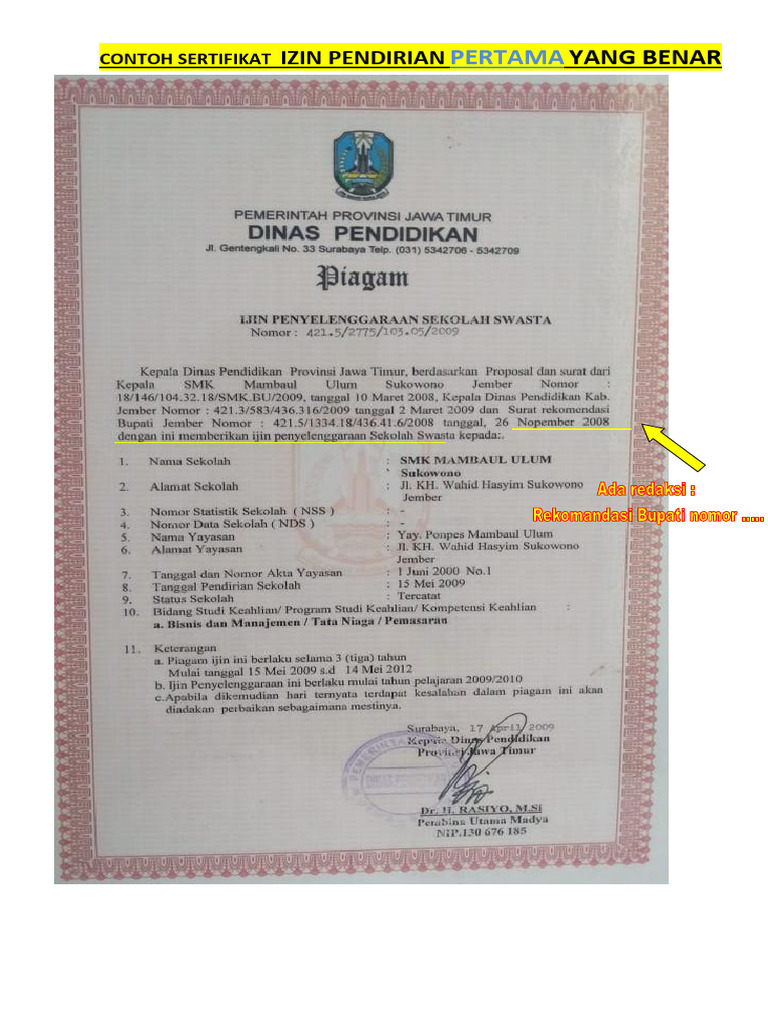 CONTOH SERTIFIKAT IZIN PENDIRIAN PERTAMA YANG BENAR | PDF