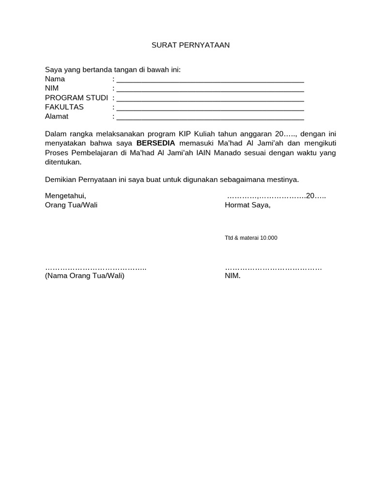 Surat Pernyataan KIP Kuliah IAIN Manado | PDF