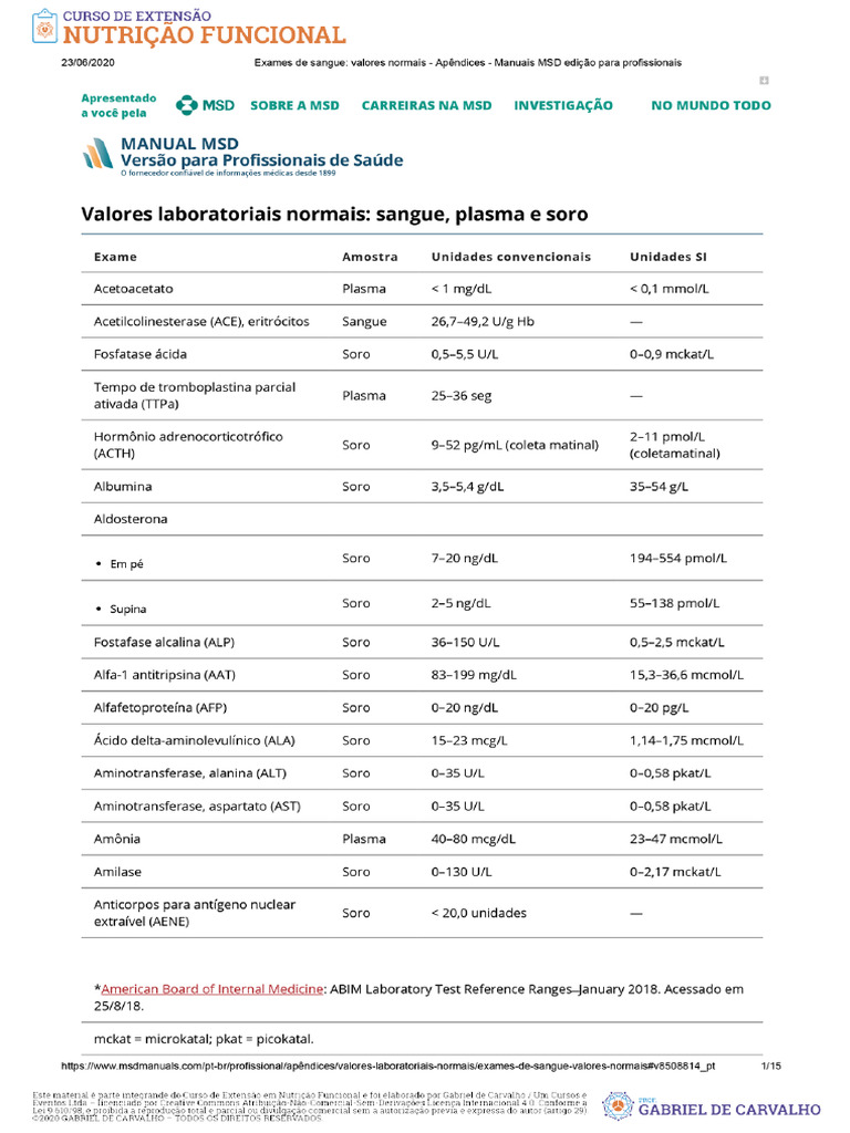 Valores de Sangue, Plasma e Soro | PDF