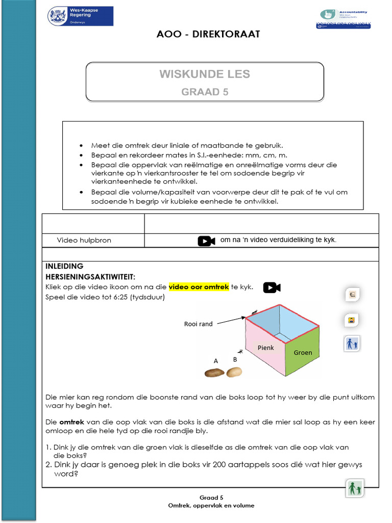 AOO IF Graad 5 Wiskunde Omtrek Oppervlakte en Volume Kwartaal 3 Week 6 ...