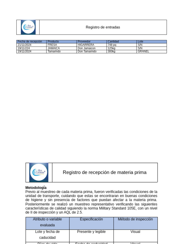 Registro de Recepción de Materia Prima y Material de Envase | PDF