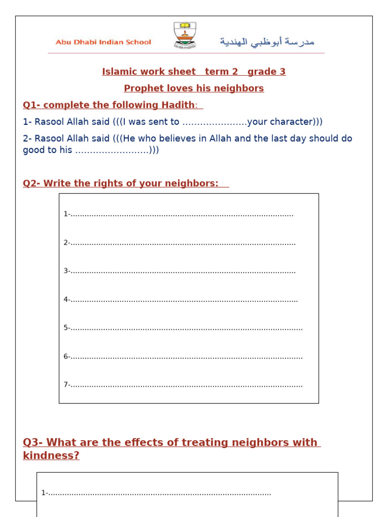 The Prophet Loves His Neighbours-Lesson5 - Worksheet-Grade3 | PDF