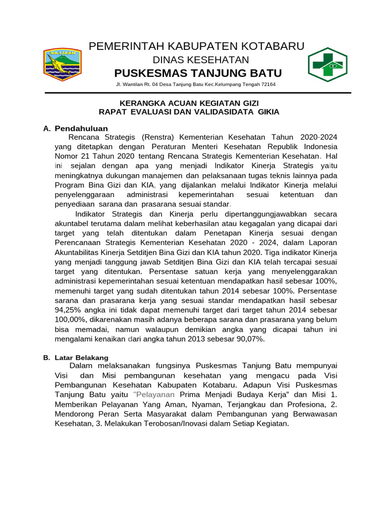 KAK Rapat Evaluasi Dan Validasi Data GiKIA | PDF