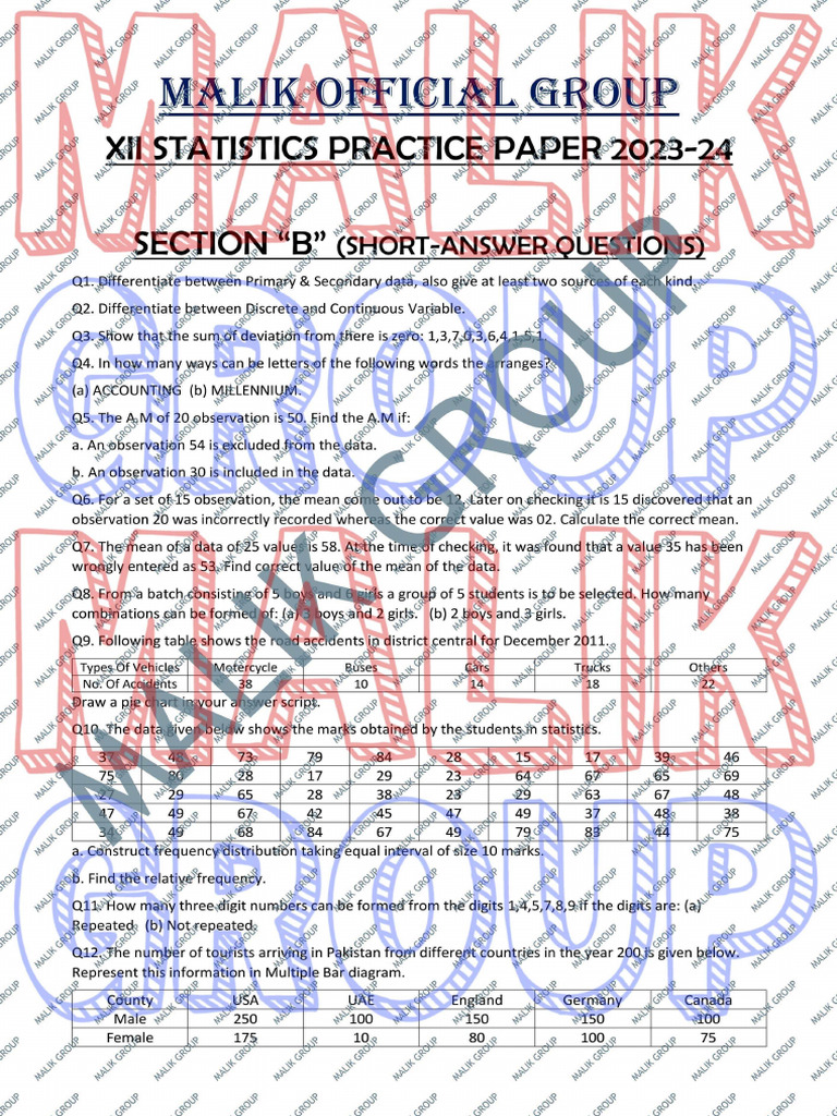 Xii Statistics - Preparation Paper 2024 - Mrs. Malik Group | PDF