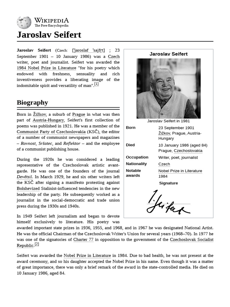 Jaroslav Seifert: Czech Poet & Nobel Laureate | PDF