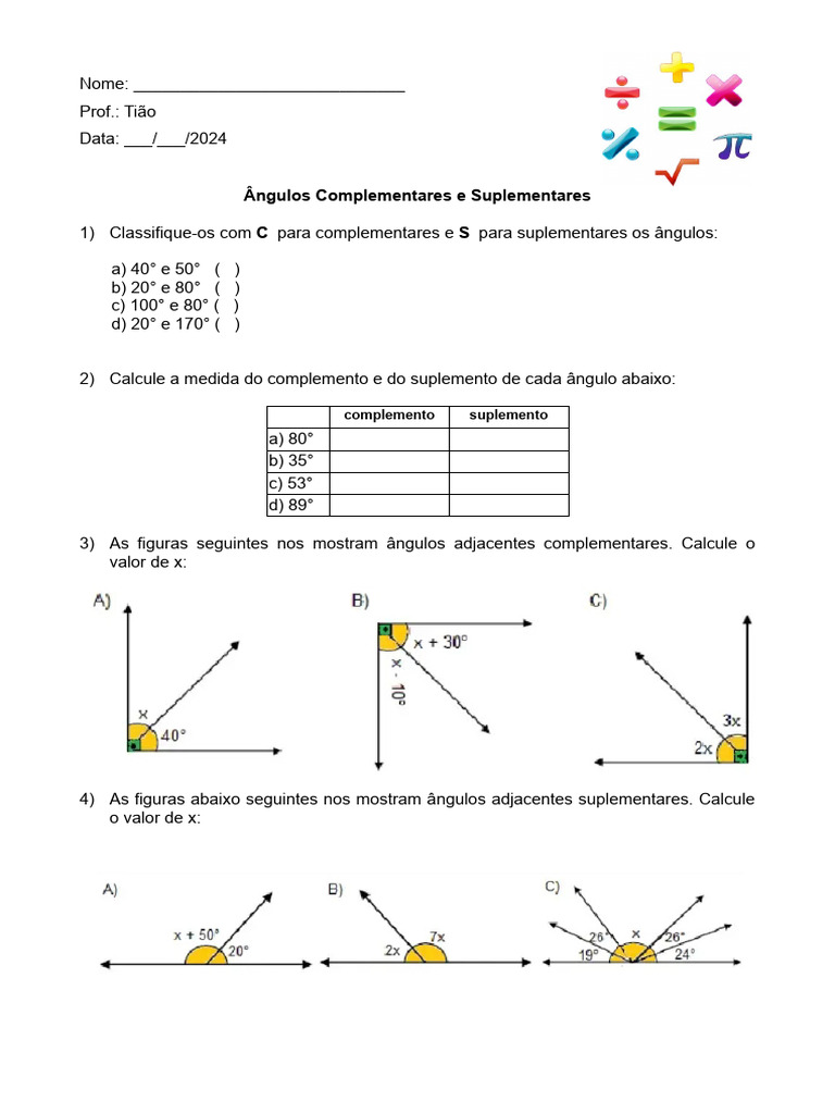 Ângulos Complementares, Suplementares e Opostos Pelo Vértice | PDF