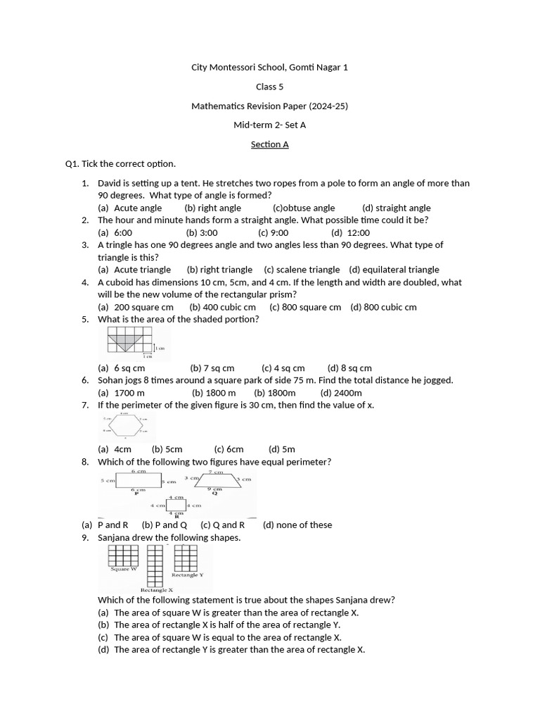 Midterm 2 Revision Paper Class 5 | PDF | Triangle | Area