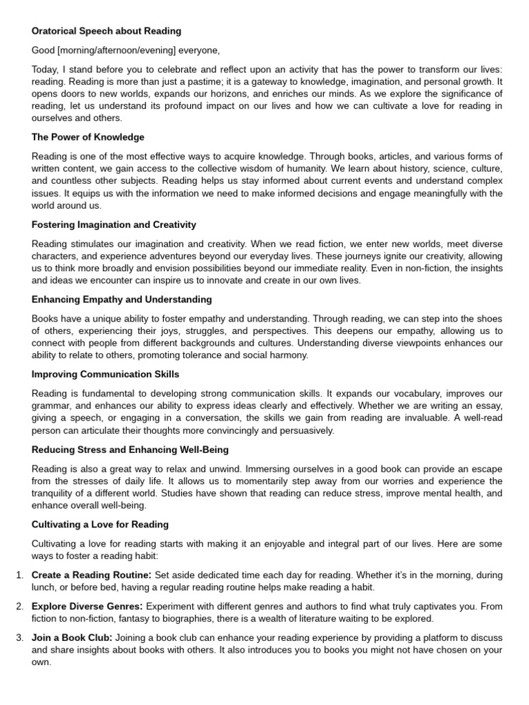 Oratorical Speech About Reading | PDF | Creativity | Imagination