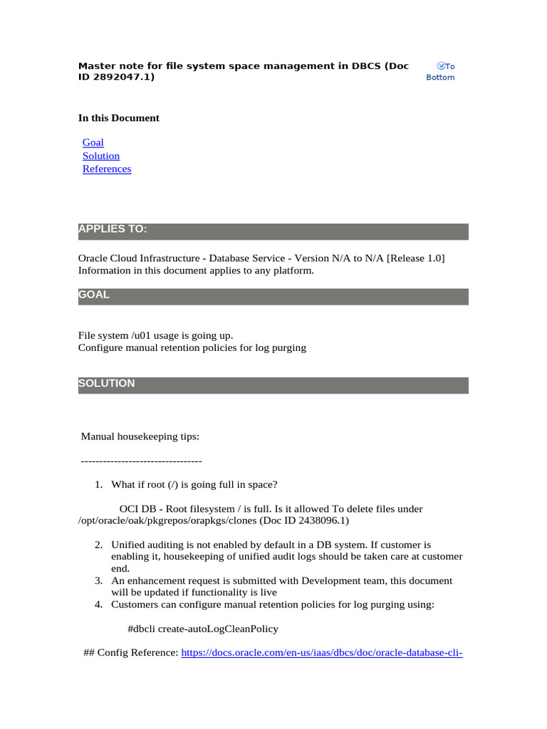 Master Note For File System Space Management in DBCS | PDF