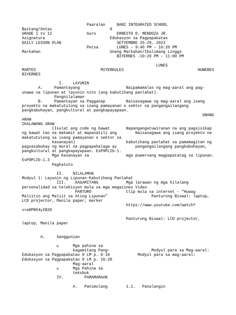 DLL Q1 Esp 9 Week 5 | PDF