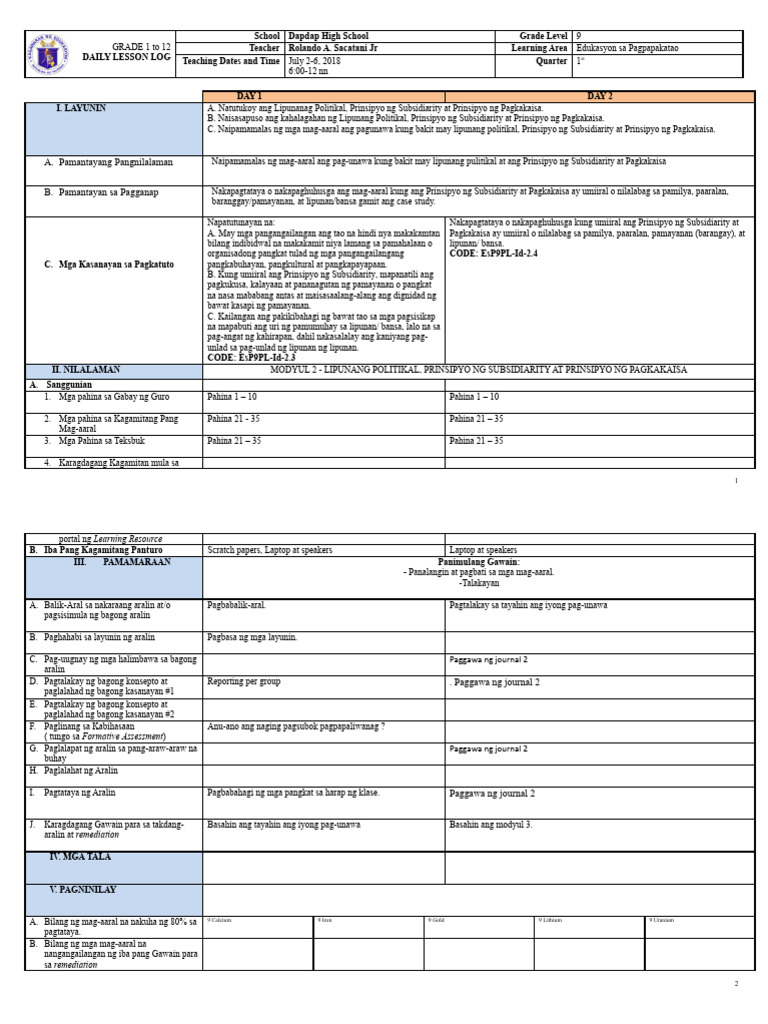 DLL EsP 9 Week 4 | PDF