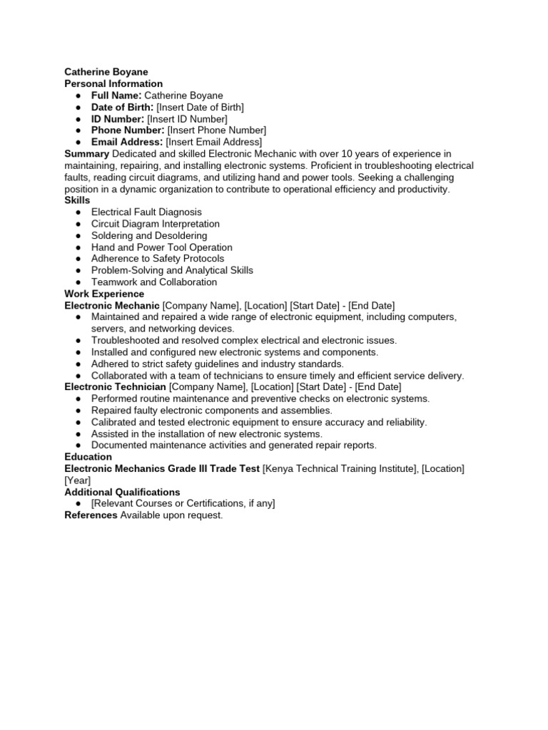 Catherine Boyane: Electronic Mechanic Resume | PDF