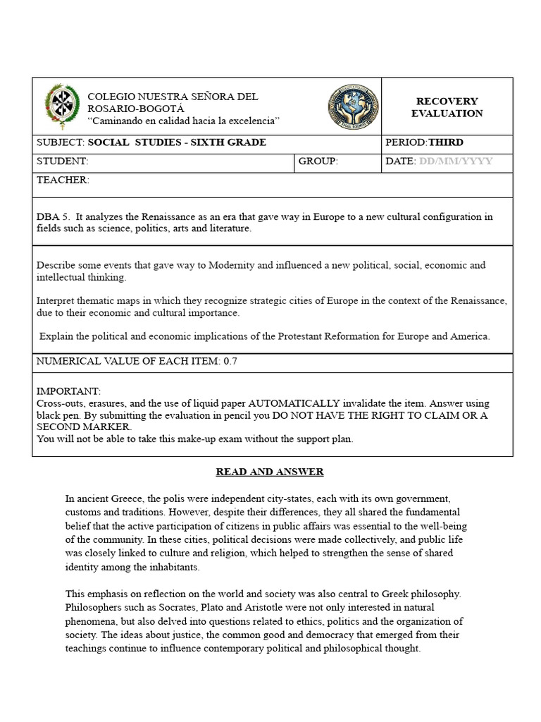 Sixth Grade Recovery Test 3RD Term | PDF | Citizenship | Ancient Greece