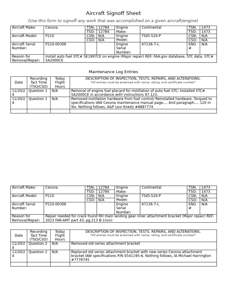 Aircraft Signoff Sheet | PDF | Aeronautics | Transport