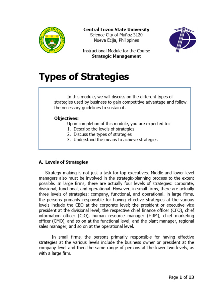 Types of Strategies in Management | PDF | Takeover | Mergers And ...