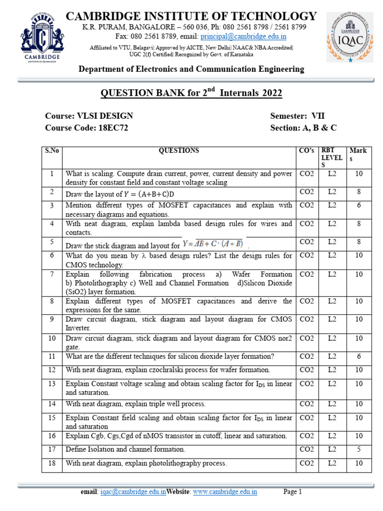 QUESTION BANK For 2nd Internals | PDF | Mosfet | Cmos