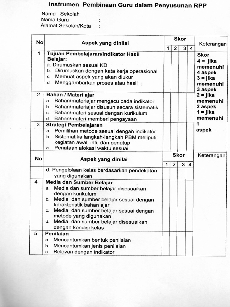 Instrumen Pembinaan Guru DLM Menyusun RPP | PDF