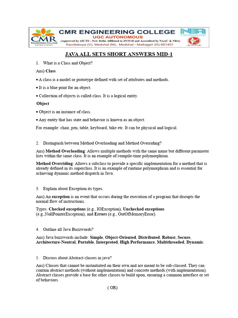 Java All Sets Short Answers Mid | PDF | Method (Computer Programming ...