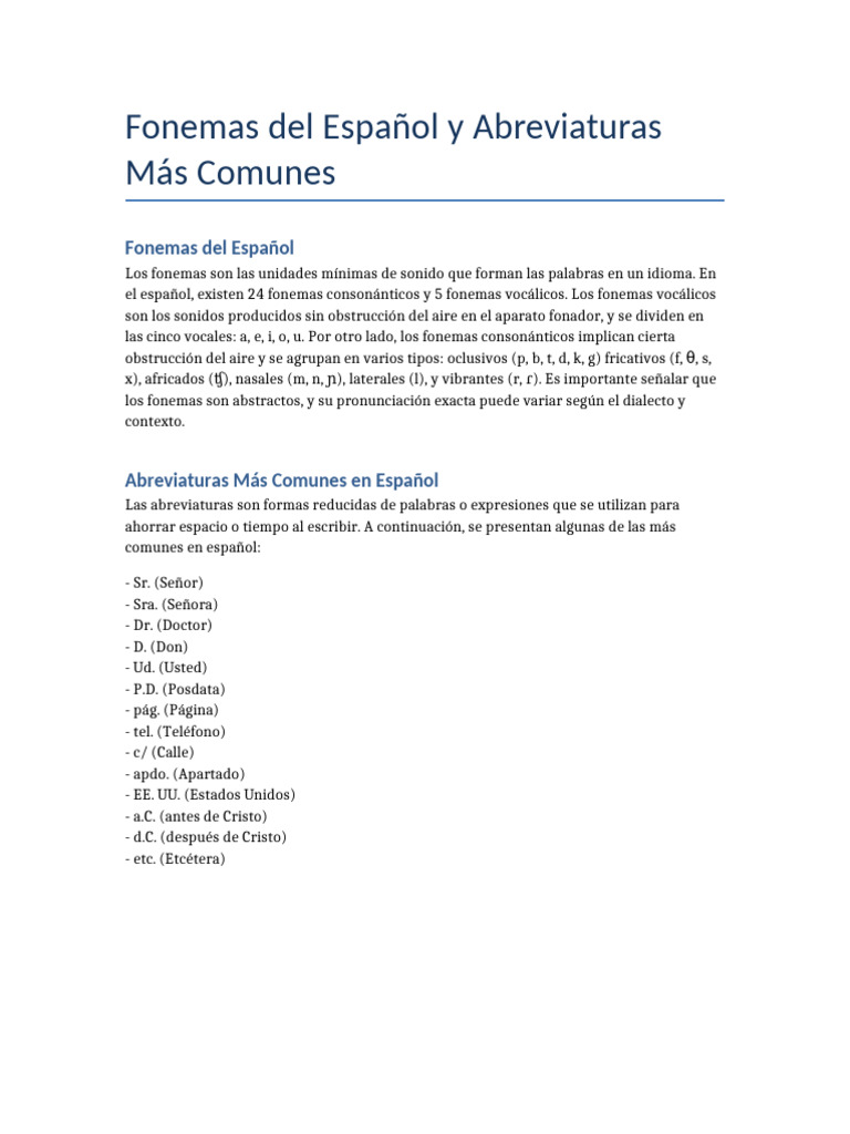 Fonemas y Abreviaturas Mas Comunes Espanol | PDF