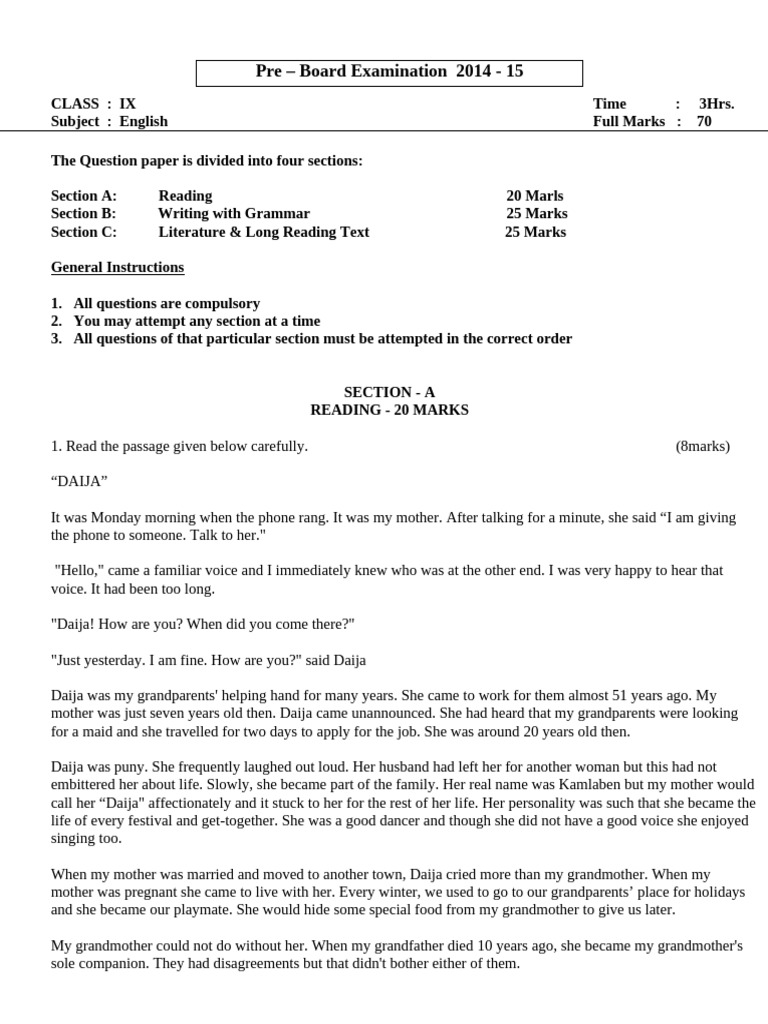 CLASS IX Pre Board14-15 English | PDF | Rupee | Grandparent