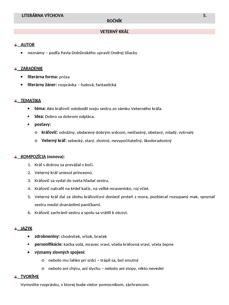 Veterný Kráľ - Poznámky | PDF
